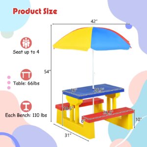 HOMGX Kids Picnic Table, Toddler Picnic Table with Removable & Foldable Umbrella, Plastic Children Patio Furniture for Garden Backyard, Kids Outdoor Table, Multicolored