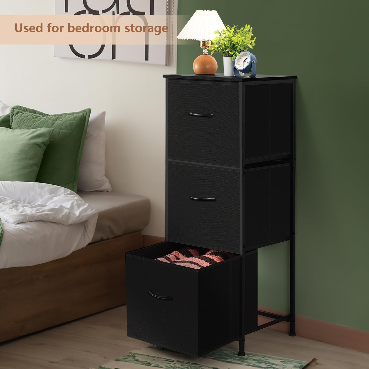 Ebeneze Dresser for Bedroom with 3 Storage Drawers, 42" Tall Fabric Closet Chests Organizer Tower Furniture with Wooden Metal Frame for Clothes, Kids, Hallway, Entryway, Small Space, Black