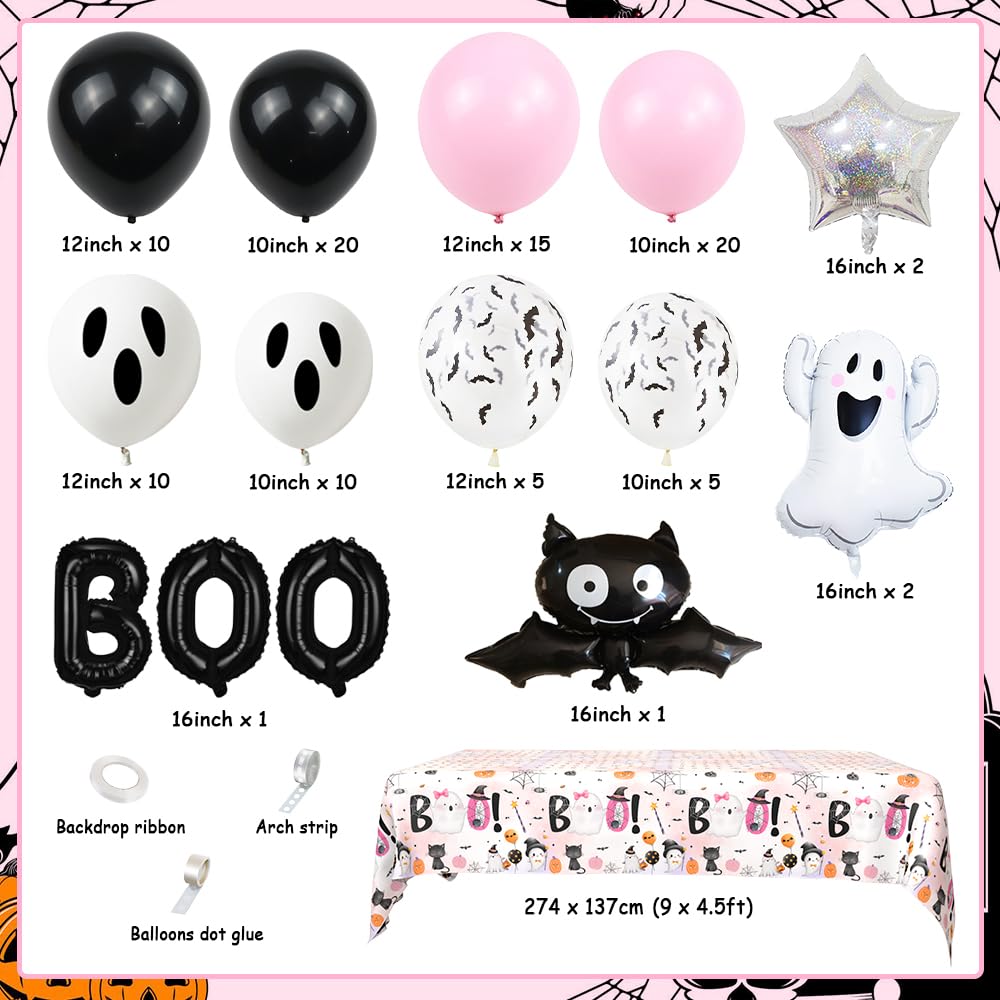 AIBIIN 112pcs Pink Black Halloween Baby Shower Decorations Halloween Little Boo Party Kit With Boo Party Tablecloth Halloween Cute Ghost Boo Balloon Garland Kit Baby Shower Birthday Party