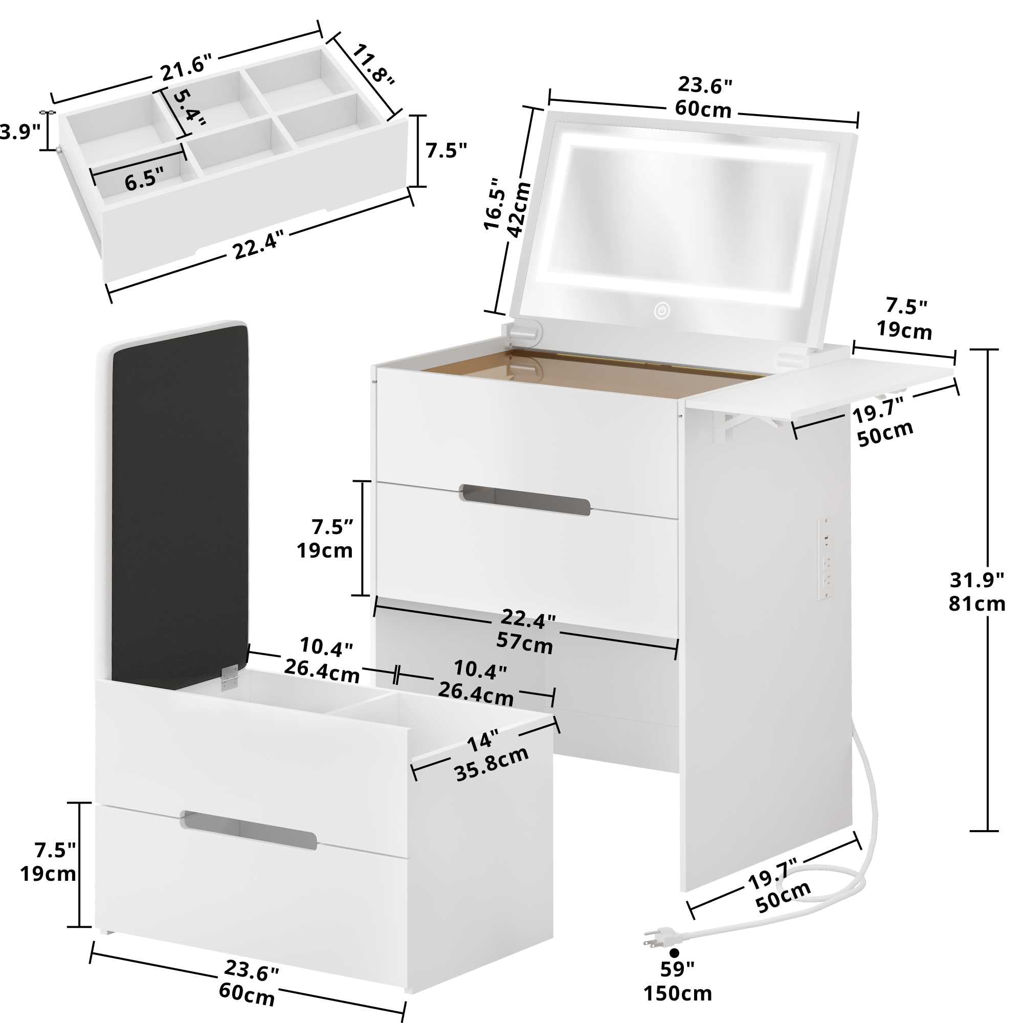 LIKIMIO 3 in 1 Vanity Desk with Plip Top Mirror, LED Light & Power Outlet Small Make Up Vanity Set with Visible Glass Desktop, Compact Makeup Vanity with 3 Drawers, Dressing Table for Bedroom, White