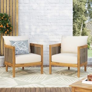 Merax Set Set of 2 Outdoor Acacia Wood Wicker Club Chair with Cushion,Patio Furniture Conversation Seat for Backyard, Beige