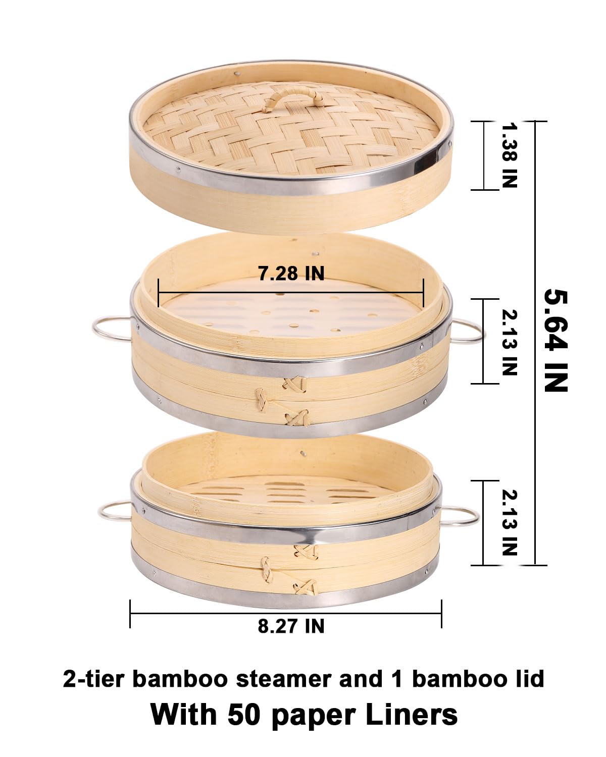 Niuirt Bamboo steamer basket set 8-inch, 2-tier dumpling steamer with side handles and 50pcs paper liners for buns, dim sum, dumplings, vegetables, and seafood.