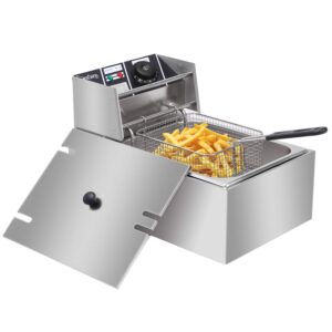 godecor 10qt electric deep fryer w/basket & lid, stainless steel countertop oil fryer with temperature control, commercial kitchen frying machine for french chicken fries donuts 2500w