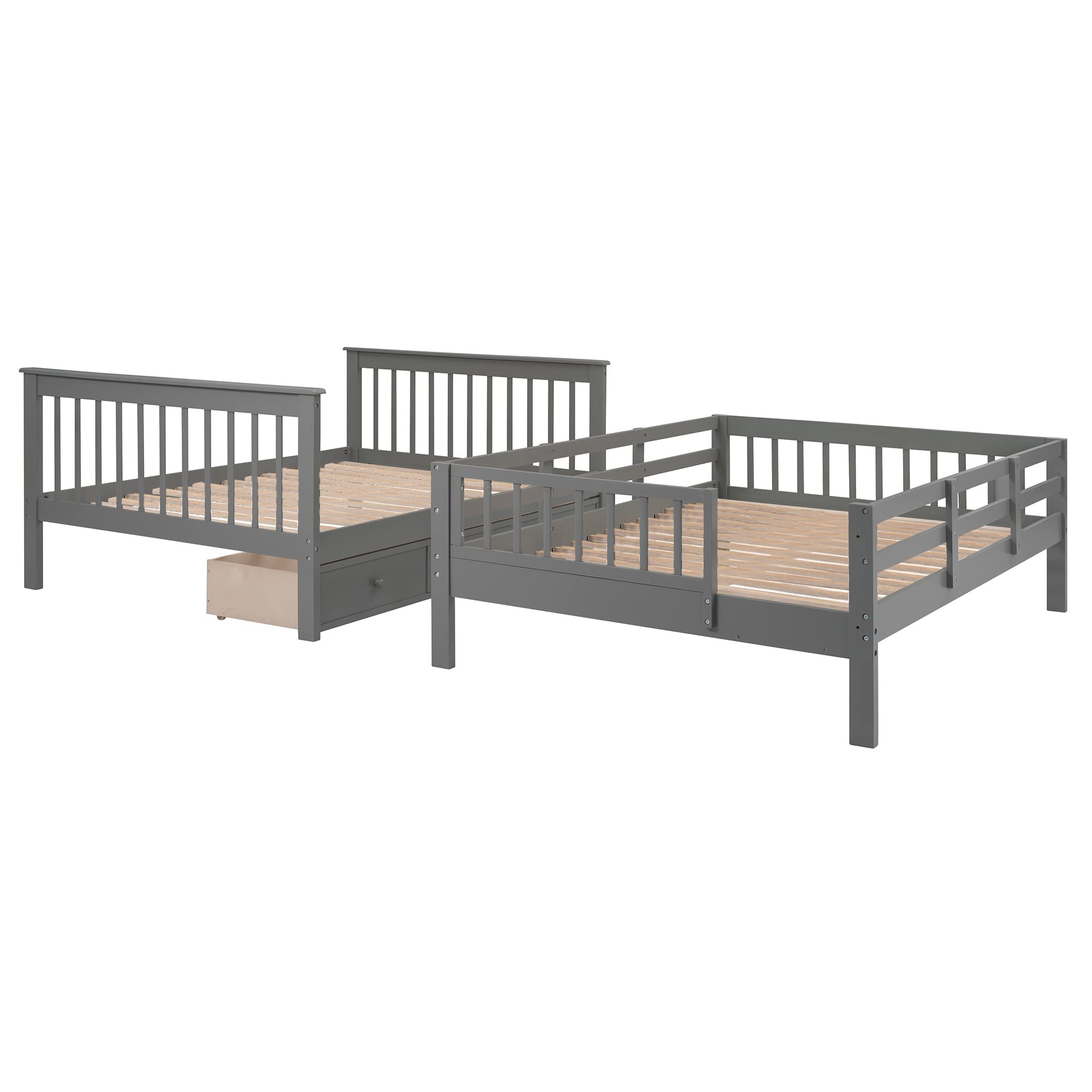 Harper & Bright Designs Full Over Full Bunk Bed with Storage, Solid Wood Full Bunk Bed Frame with Stairs and Drawers, for Kids Teens Adults (Gray)