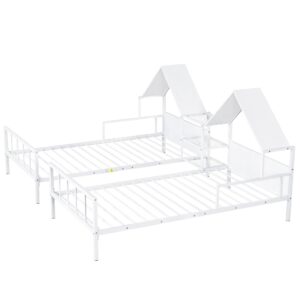 P PURLOVE Twin Size Double Bed for Kids,Metal Double Bed Frame,Two Twin Platform Beds with House-Shaped Headboard and a Built-in Nightstand for Boys Girls Teens,Wihite