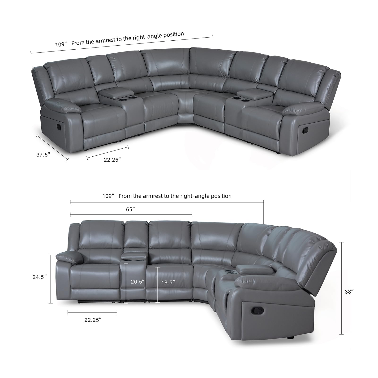 LY&S Home Collection Sectional Reclining Sofa, Sectional Couches for Living Room, Modular Manual PU Leather Recliner Sofa Livingroom Furniture Sets (Grey)