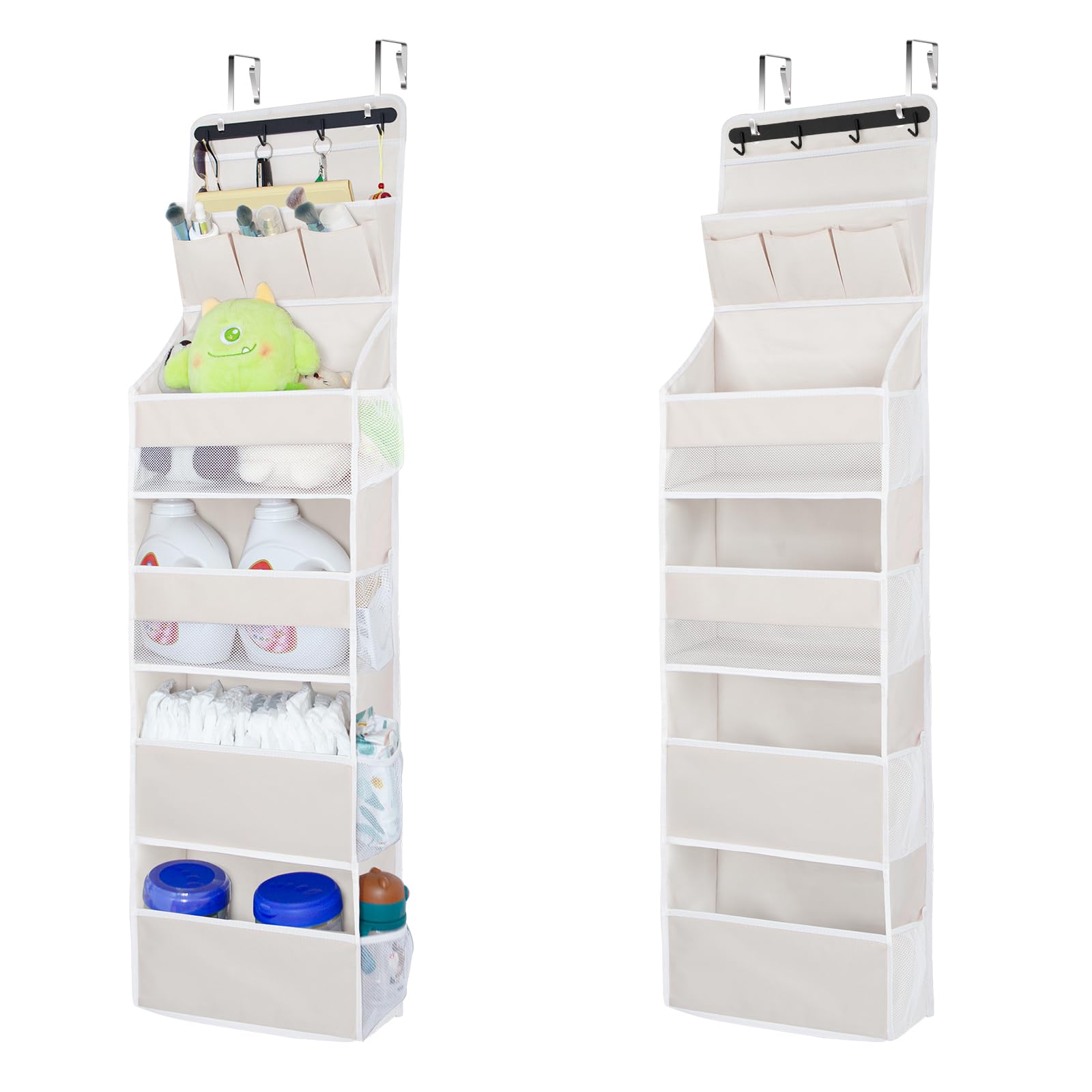 Over Door Hanging Organizer, Oxford Fabric Over Door Organizer with 5 Large Pockets, Anti-Tilt Design for Bedroom, Bathroom, Laundry Room, Pantry, Nursery, Kitchen,Space-Saving Solution(Beige,1 Pack)