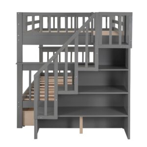 Harper & Bright Designs Full Over Full Bunk Bed with Storage, Solid Wood Full Bunk Bed Frame with Stairs and Drawers, for Kids Teens Adults (Gray)