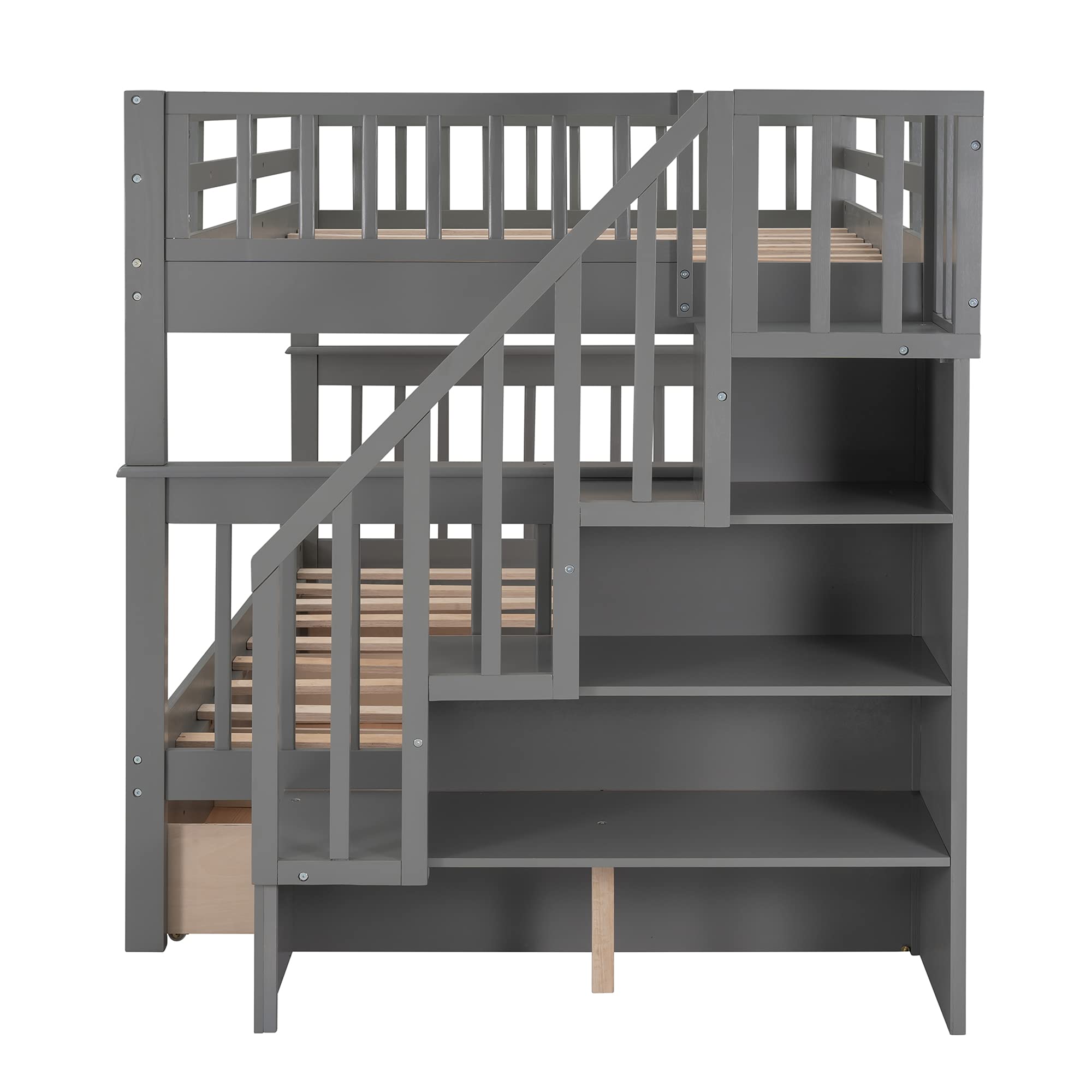 Harper & Bright Designs Full Over Full Bunk Bed with Storage, Solid Wood Full Bunk Bed Frame with Stairs and Drawers, for Kids Teens Adults (Gray)