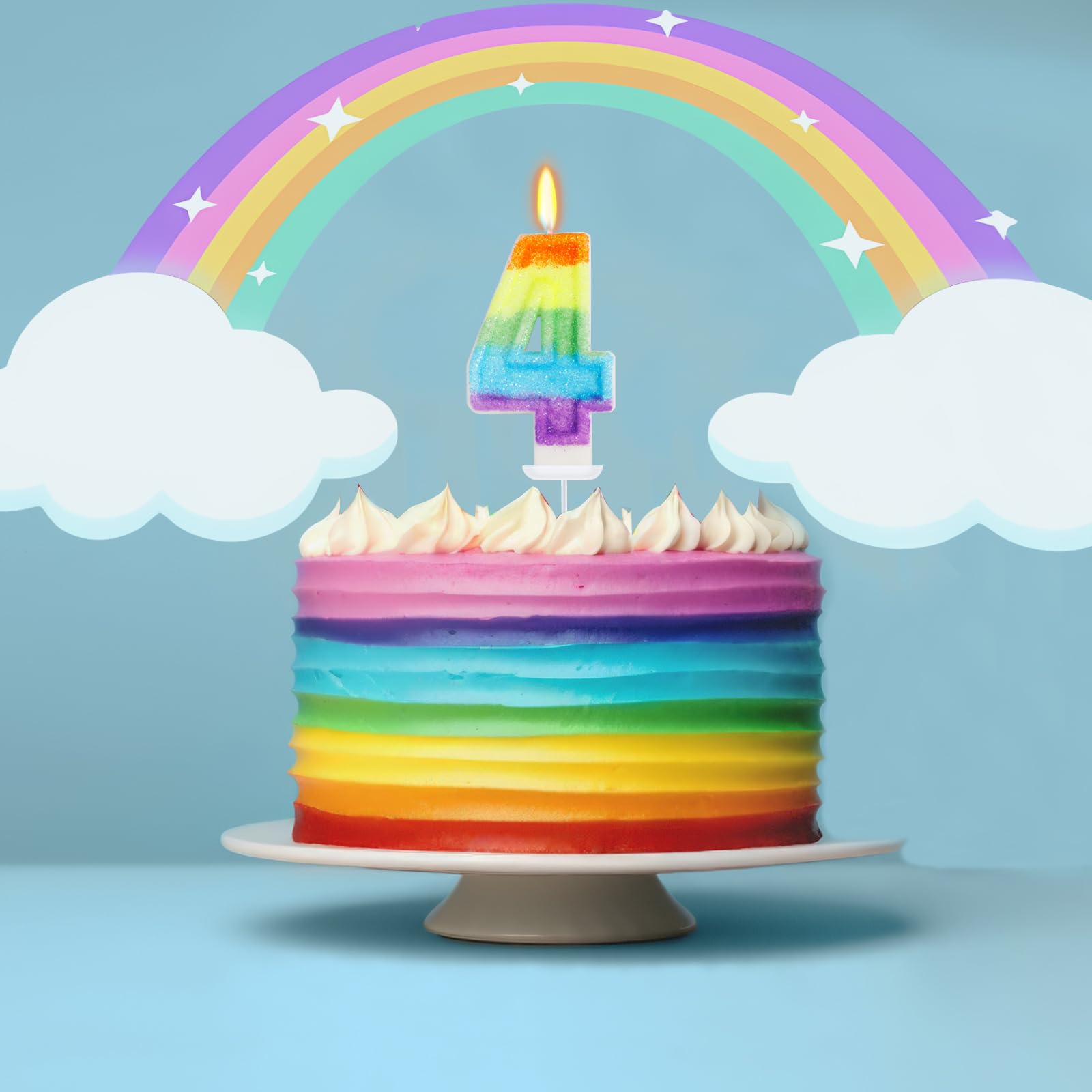 Rainbow Candles for Birthday Cakes, Rainbow Themed Cake Topper, Rainbow Birthday Party Decorations, 4th Number Candle (Number 4)