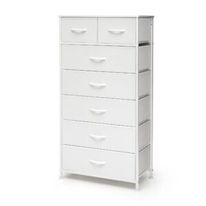 pellebant dresser for bedroom with 7 drawers, tall dresser vertical storage tower, sturdy metal frame, fabric storage bins with plastic handle, wooden top, organizer unit for closet/hallway, white