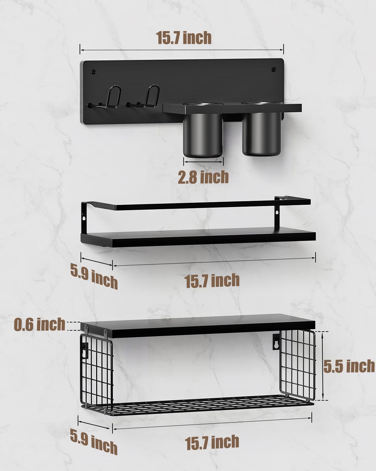 ROPALINS Bathroom Shelves Over Toilet - Floating Shelves Wall Mounted with Storage Basket for Bathroom Decor, Bedroom, Living Room, Kitchen Black