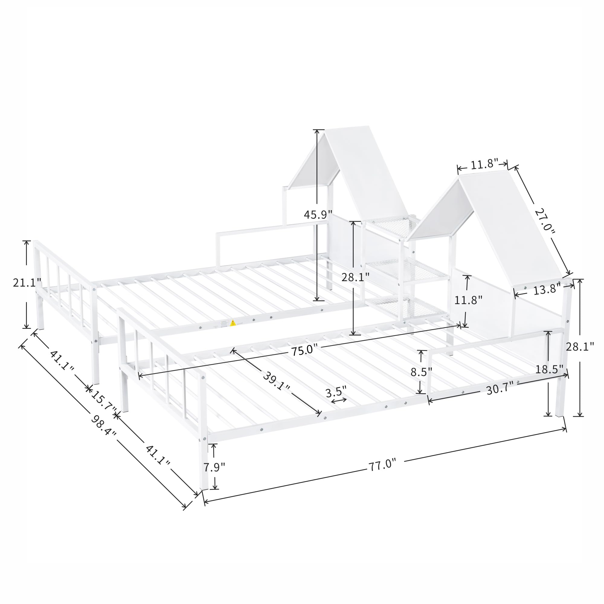 P PURLOVE Twin Size Double Bed for Kids,Metal Double Bed Frame,Two Twin Platform Beds with House-Shaped Headboard and a Built-in Nightstand for Boys Girls Teens,Wihite