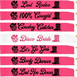 7 pcs disco cowgirl bachelorette party decorations - disco bride sash i let's go girls sash i last hoe down sash i booty dancer sash i last rodeo sash i 100% cowgirl sash i cowboy catcher sash (pink)