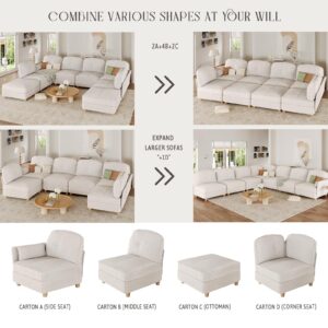 LLappuil Modular Sectional Couch L Shaped Sofa with Storage, Corner Cloud Sofa Sectional for Living Room, 113.5 in Width, 6 Seat Sofa, Teddy Velvet, Beige