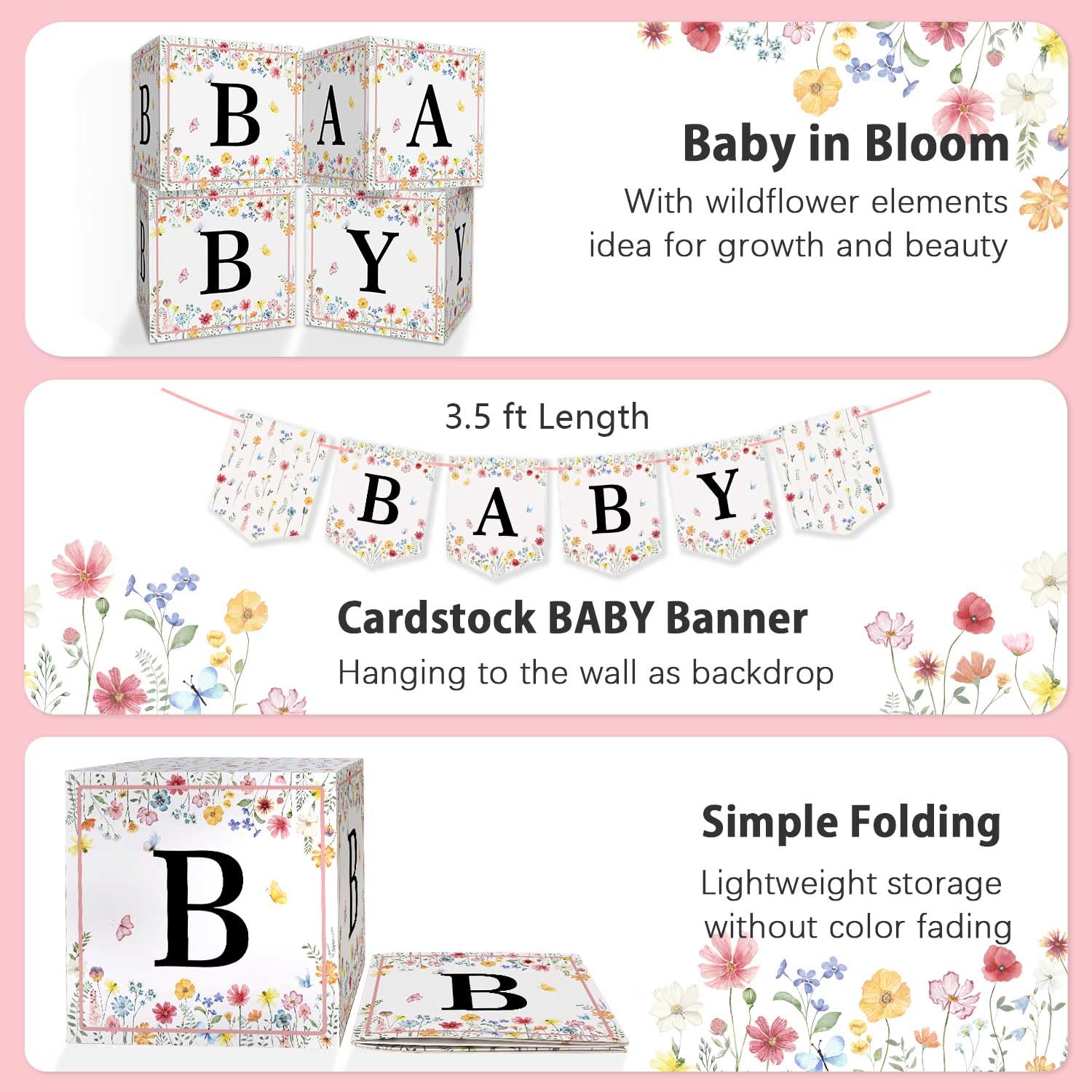 Heboland Wildflower Baby Shower Decorations Baby Boxes with Letters, 4 Pcs Baby in Bloom Thickend Cardstock Blocks Baby Banner, Box Clear Stickers for Girls Party Decor