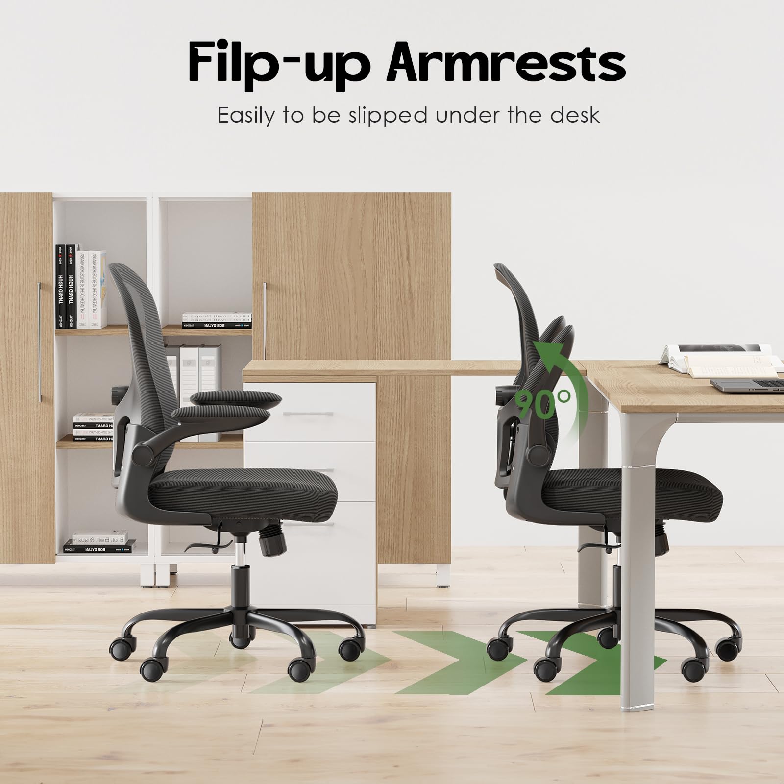 Office Chair with Flip-Up Armrest, High Back Ergonomic Computer Chair with Adjustable Lumbar Support for Home and Office