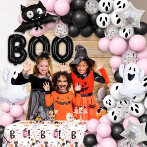 AIBIIN 112pcs Pink Black Halloween Baby Shower Decorations Halloween Little Boo Party Kit With Boo Party Tablecloth Halloween Cute Ghost Boo Balloon Garland Kit Baby Shower Birthday Party