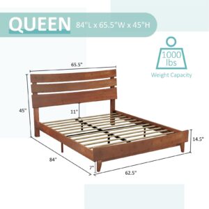 LUXOAK Solid Wood Bed Frame with Headboard, 14 inch Queen Size Japanese Bed Frame, Mid-Century Platform Bed, Solid Wood Slats Support, No Box Spring Needed, Easy Assembly, Walnut