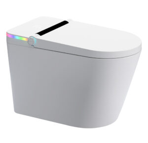 smart toilet with built-in bidet seat, tankless toilet with auto lid opening, closing and flushing, heated seat, digital display, elongated