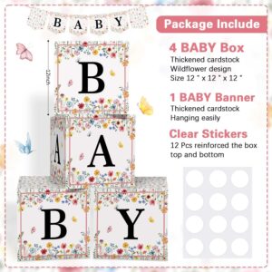 Heboland Wildflower Baby Shower Decorations Baby Boxes with Letters, 4 Pcs Baby in Bloom Thickend Cardstock Blocks Baby Banner, Box Clear Stickers for Girls Party Decor