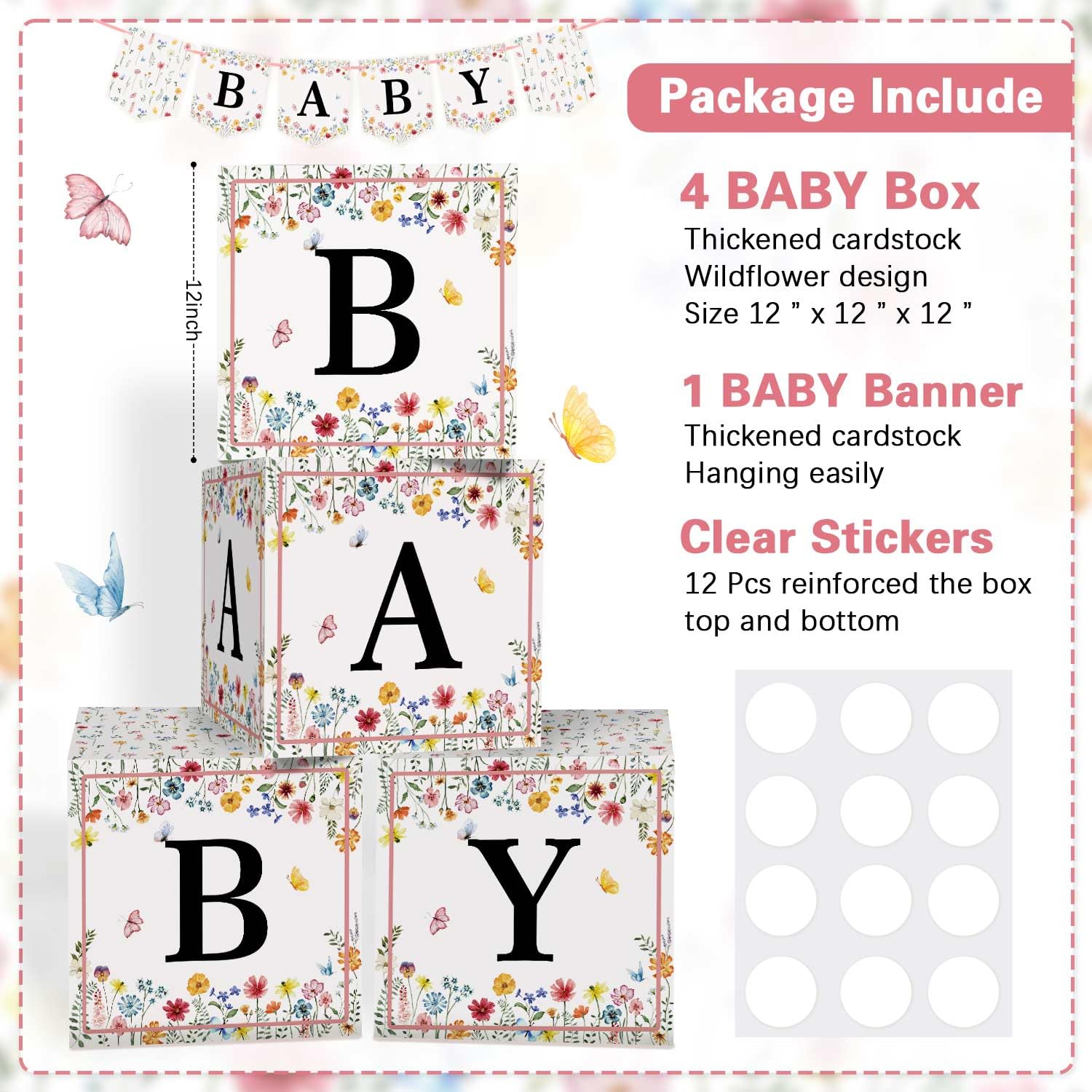 Heboland Wildflower Baby Shower Decorations Baby Boxes with Letters, 4 Pcs Baby in Bloom Thickend Cardstock Blocks Baby Banner, Box Clear Stickers for Girls Party Decor