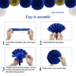 Envibe Navy Blue White Gold Party Decorations, Tissue Paper Pom Poms for Birthday Decorations, Baby Showers, Gender Reveal, Bridal Shower Decorations, 34 Pcs Blue Wedding Decorations.