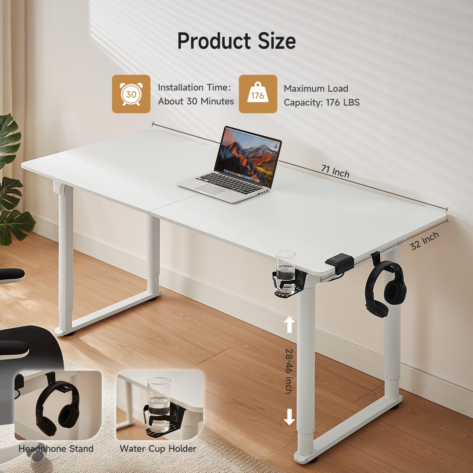 ONBRILL Standing Desk with 4 Legs, 71x32 Inch Rectangle Desk with Memory Controller & Dual Motors, Stand Up Desk Height Adjustable from 28" to 46" for Home Office Desk & Computer Workstations, White