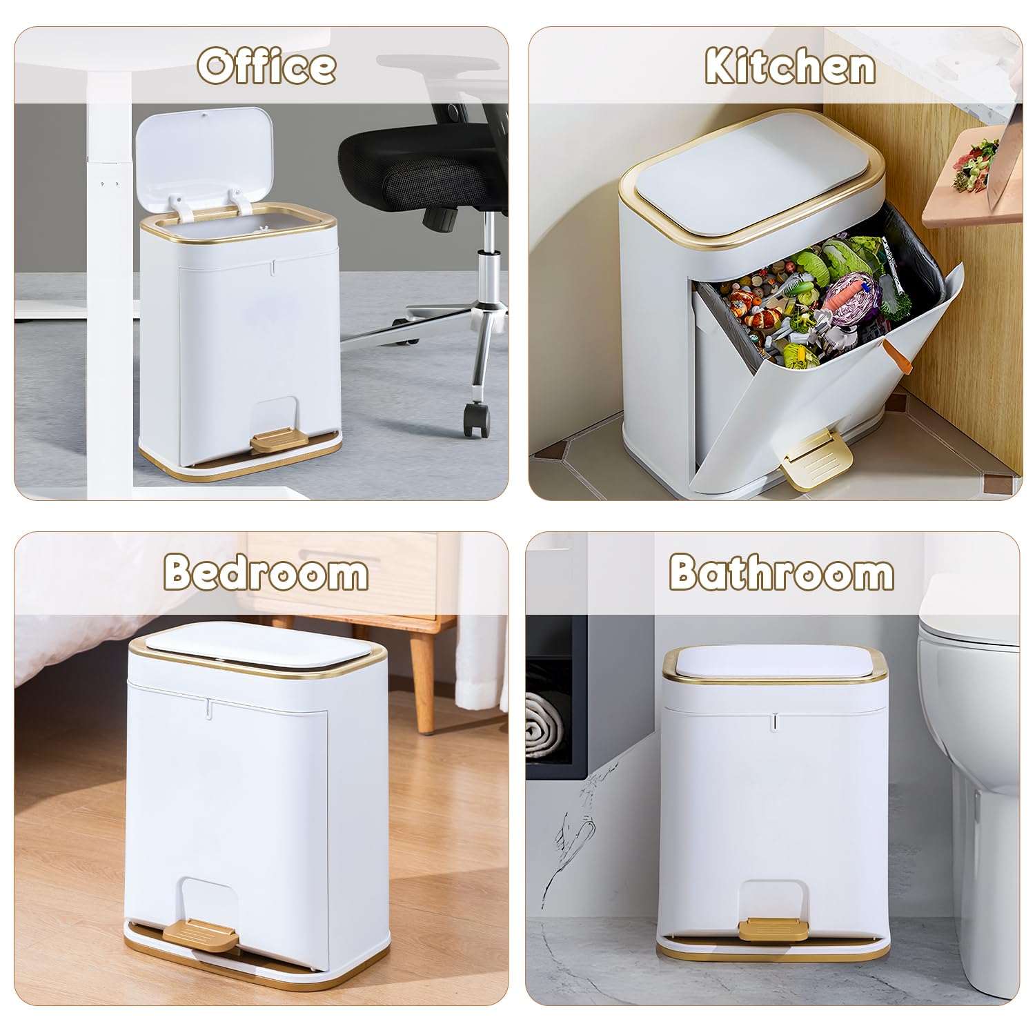 Bathroom Trash Can with Lid, 3 Gallon Gold Garbage Can, Small Trash Bin with Press top Lid and Pedal, Narrow White Trash Can Waste Basket for Bedroom, Living Room,Office,Plastic Dog Proof Trash Can