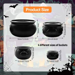 4 Pieces Set 12" 10" 8" 6" Plastic Black Cauldron Kettle Halloween Candy Bowl, Large Witch Cauldron Pot Bucket for Halloween Decorations Trick or Treat Party Supplies, St Patrick's Day Party Favor