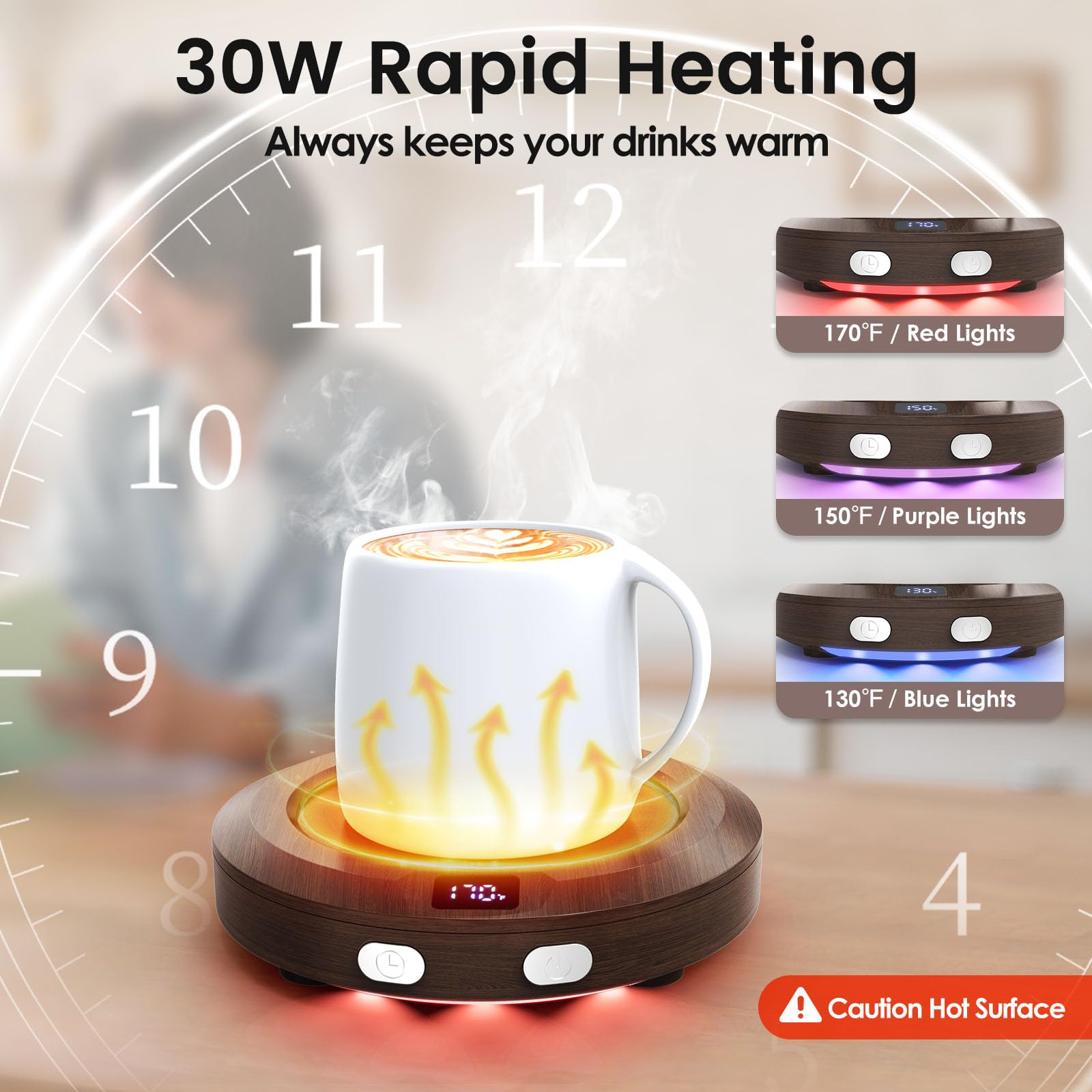 Mug Warmer, Coffee Warmer for Desk, Coffee Cup Warmer with 3 Temp Settings and Ambient Light, 2-12H Timer, 30W