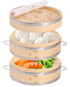 niuirt bamboo steamer basket set 8-inch, 2-tier dumpling steamer with side handles and 50pcs paper liners for buns, dim sum, dumplings, vegetables, and seafood.