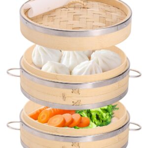 Niuirt Bamboo steamer basket set 8-inch, 2-tier dumpling steamer with side handles and 50pcs paper liners for buns, dim sum, dumplings, vegetables, and seafood.