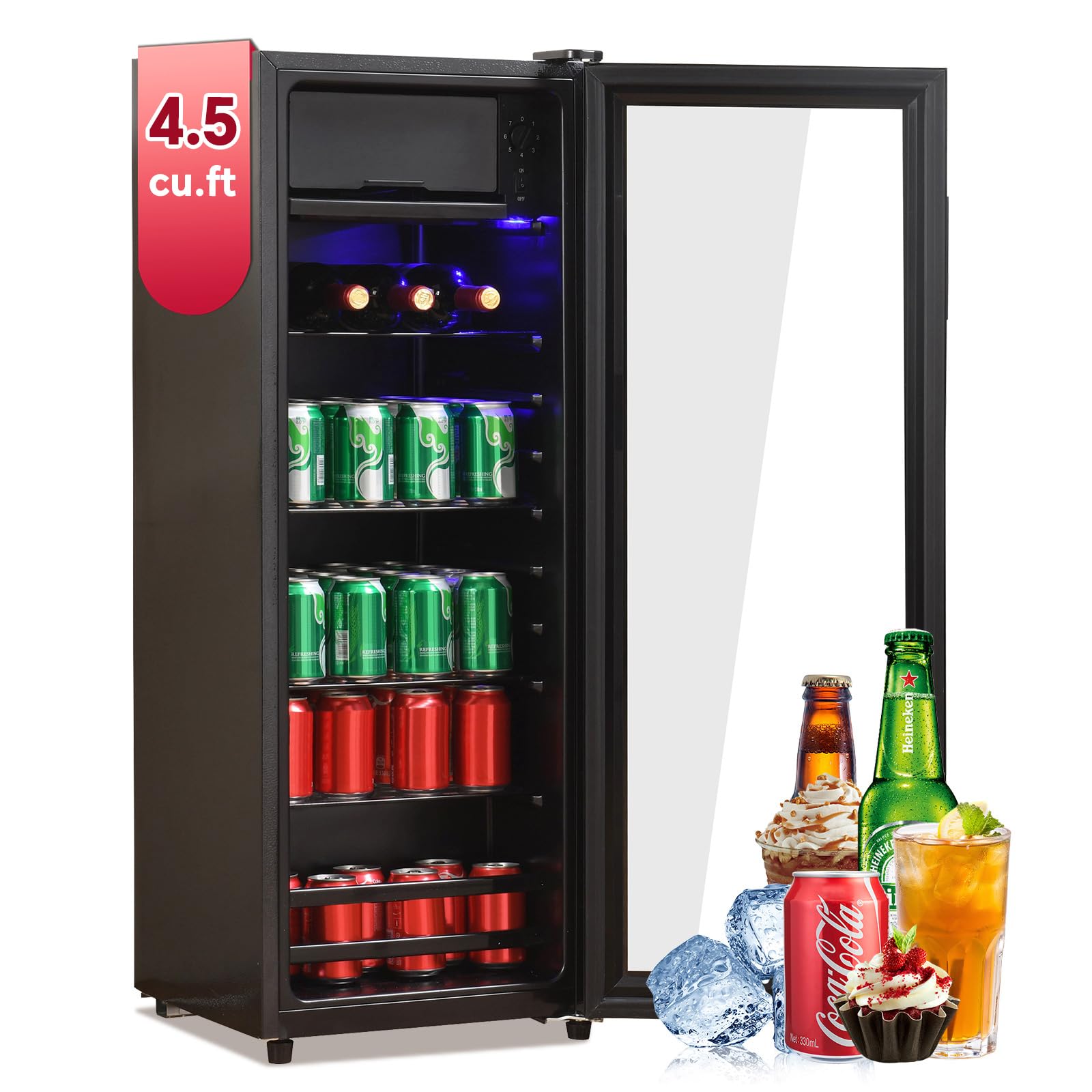 AXUTL 4.5 Cu.ft Glass Door Beverage Fridge with Freezer 160 Cans Beverage Refrigerator Mini Small, Drink Fridge Wine Beer Cooler with Office/Bar/Bedroom Compact Refrigerator, black