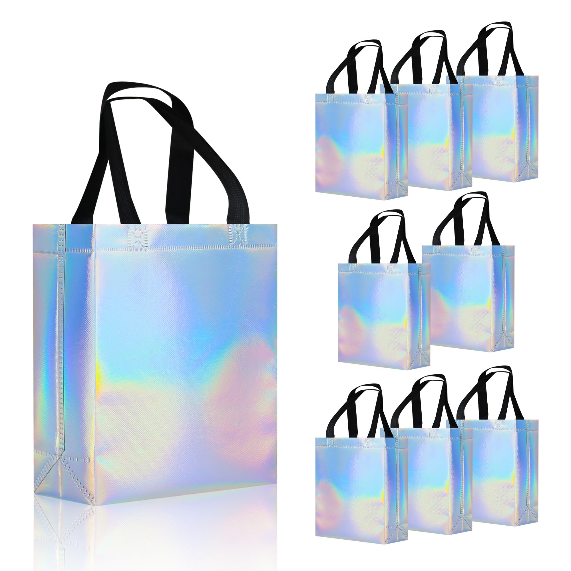 cabzymx 9 Pcs Glossy Small Iridescent Gift Bags in Bulk, 8x3.9x9.8 In Non-woven Reusable Party Goodie Bags with Sturdy Bases for Birthday, Weddings, Holiday, Easter, Party