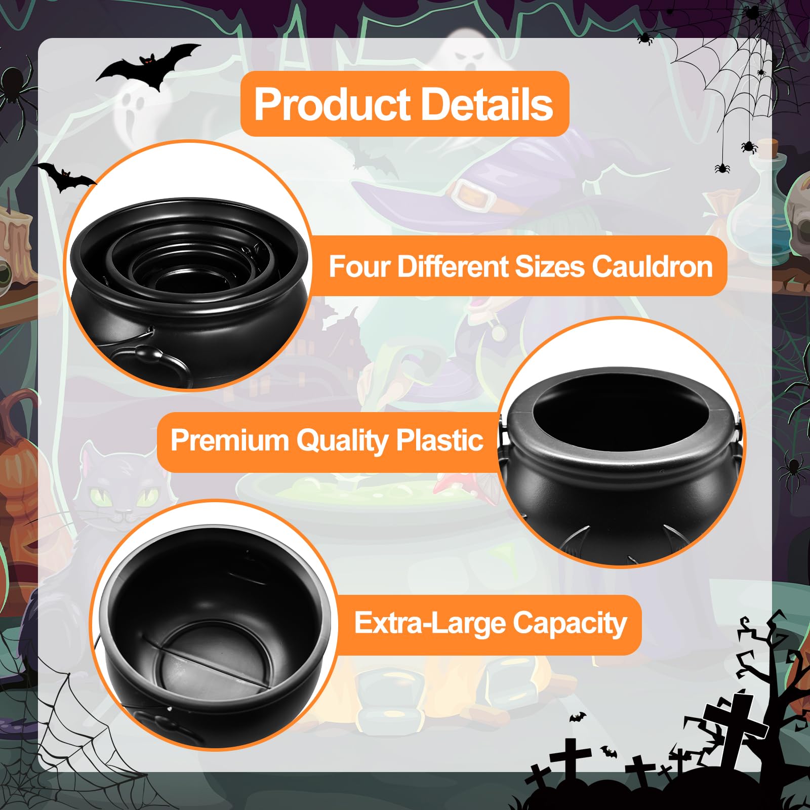 4 Pieces Set 12" 10" 8" 6" Plastic Black Cauldron Kettle Halloween Candy Bowl, Large Witch Cauldron Pot Bucket for Halloween Decorations Trick or Treat Party Supplies, St Patrick's Day Party Favor