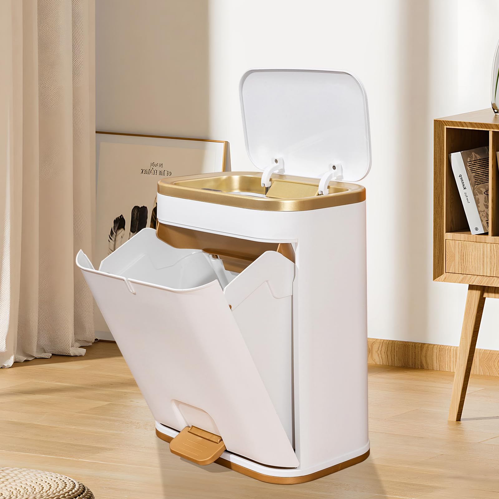 Bathroom Trash Can with Lid, 3 Gallon Gold Garbage Can, Small Trash Bin with Press top Lid and Pedal, Narrow White Trash Can Waste Basket for Bedroom, Living Room,Office,Plastic Dog Proof Trash Can