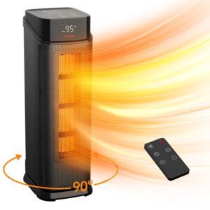 breezome space heater indoor, 1500w ptc electric heaters for home with thermostat & 90° oscillating, 24h timer, quiet ceramic tower heater, portable safety room heater with remote for bedroom office