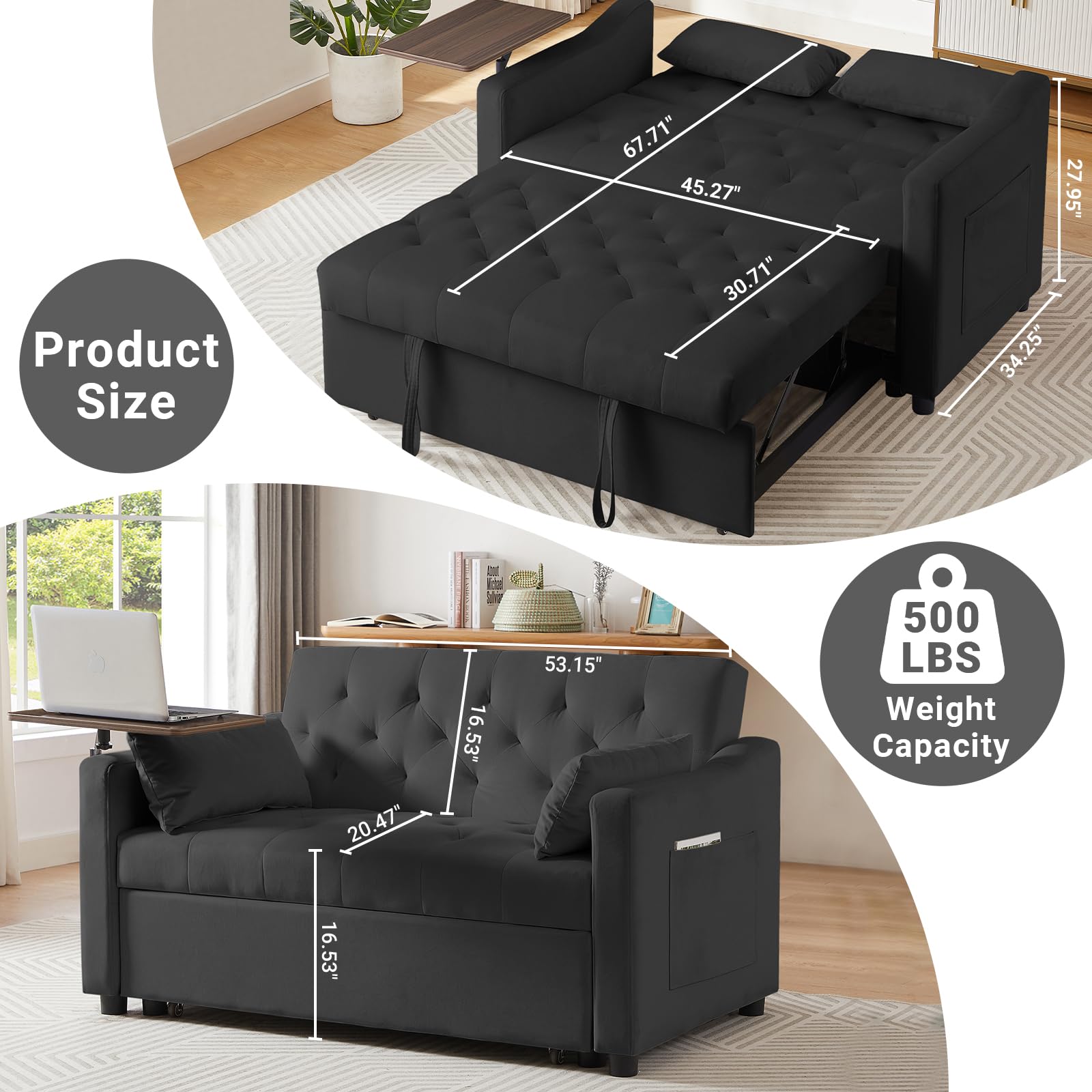 Skepphlay 3 in 1 Convertible Couch, Pull Out Sofa Bed with 3-Level Adjustable Backrest, Sleeper Loveseat with Storage and Pillows, Modern Recliner for Living Room Apartment Office, Black