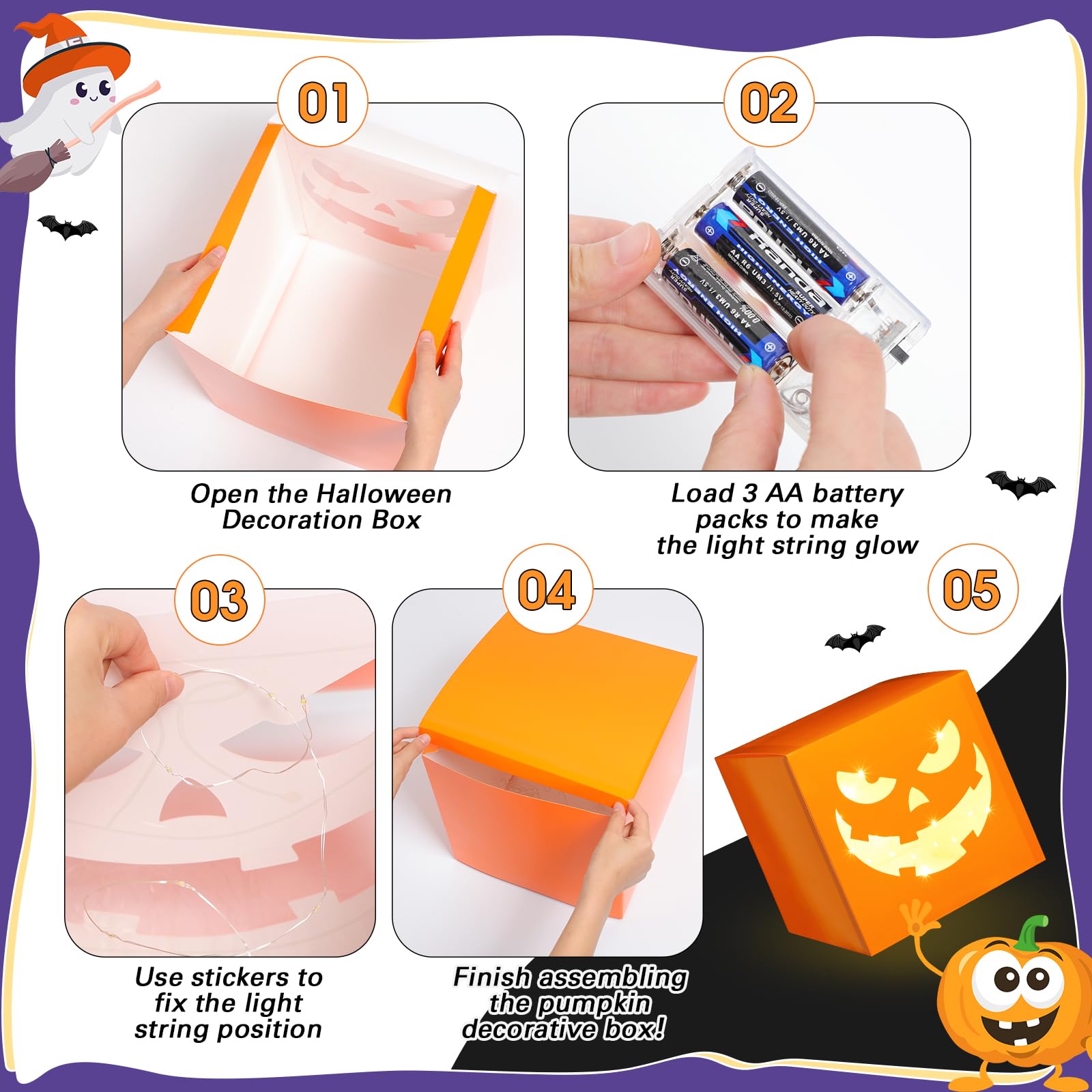 Zhanmai 6 Pcs Halloween Party Decoration 11.8 Inch Large Halloween Decorative Boxes with String Light Jack O Lanterns Blocks Halloween Luminous Box Halloween Lantern Box for Halloween Decor(Classic)