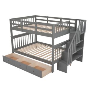 Harper & Bright Designs Full Over Full Bunk Bed with Storage, Solid Wood Full Bunk Bed Frame with Stairs and Drawers, for Kids Teens Adults (Gray)