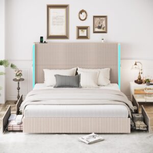 queen size bed frame with 4 storage drawers and led lights,upholstered queen bed frame with headboard and charging station,ease of installation,taupe