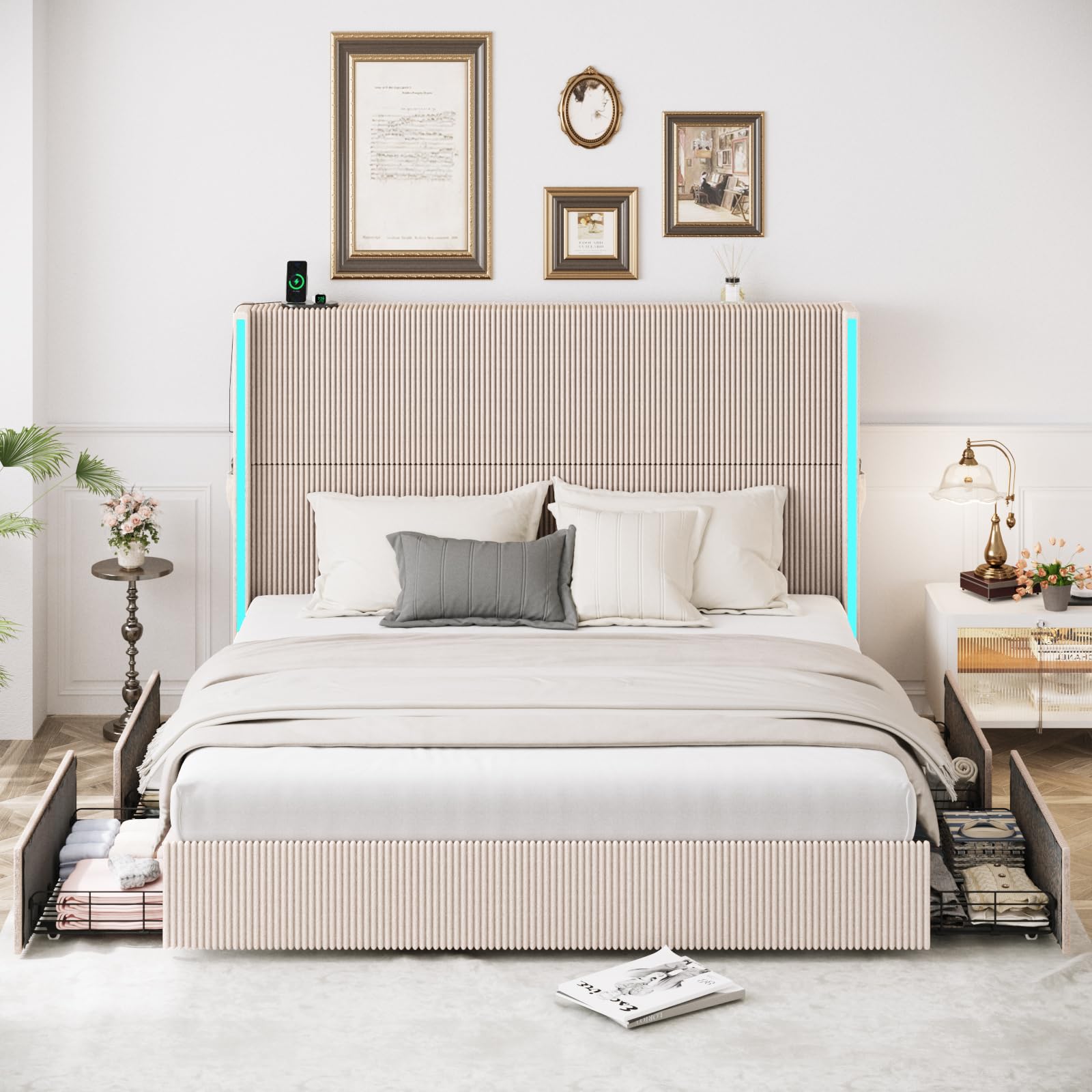 Queen Size Bed Frame with 4 Storage Drawers and LED Lights,Upholstered Queen Bed Frame with Headboard and Charging Station,Ease of Installation,Taupe