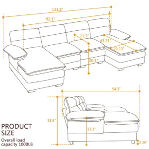 ZX Design 111" Sectional Sofa, Comfortable Cloud Couch for Living Room，U Shape Couch, Modern Dual Recliner Combo Sofa Sleeper with Soft Armrests & Memory Foam for Living Room (Corduroy Gray)