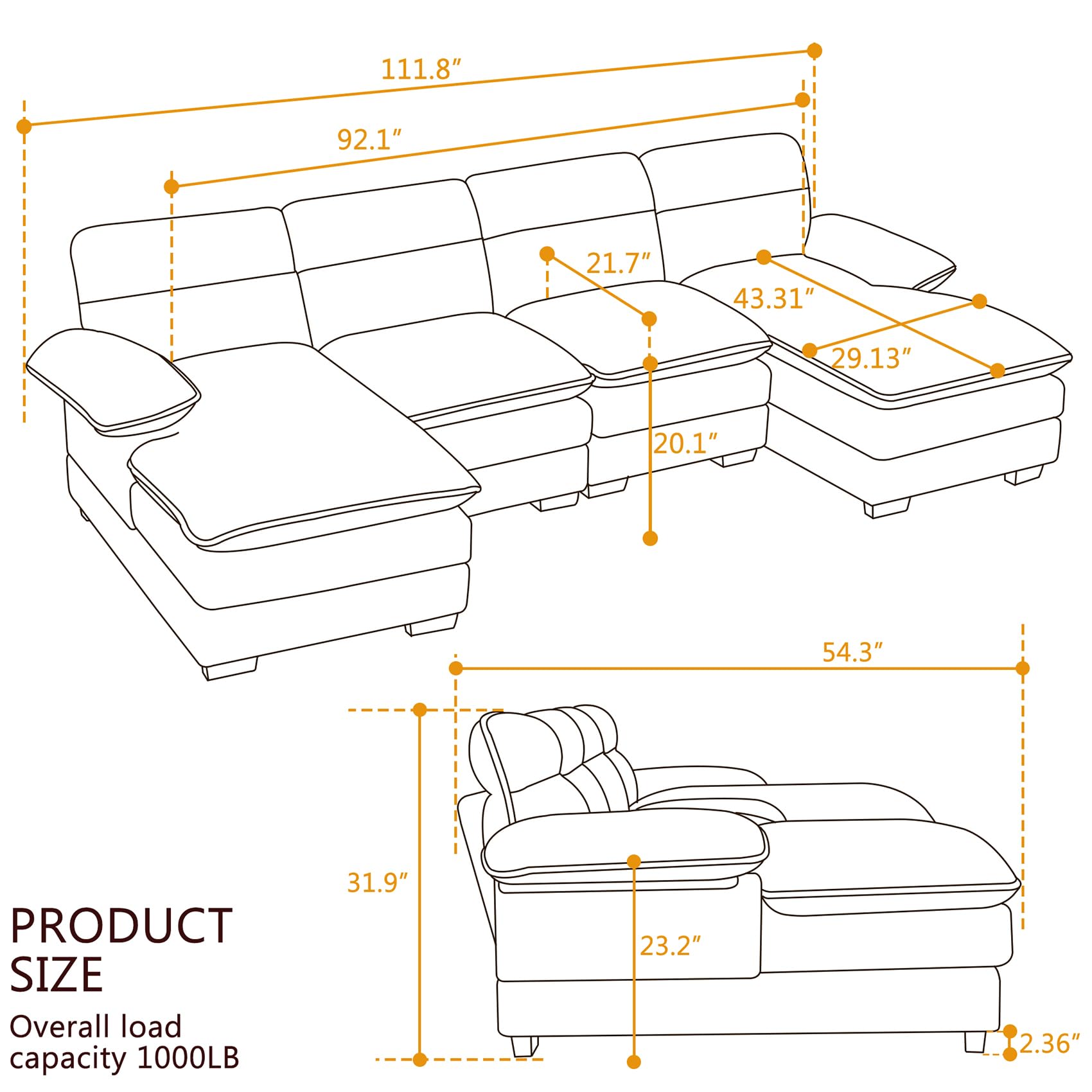 ZX Design 111" Sectional Sofa, Comfortable Cloud Couch for Living Room，U Shape Couch, Modern Dual Recliner Combo Sofa Sleeper with Soft Armrests & Memory Foam for Living Room (Corduroy Gray)