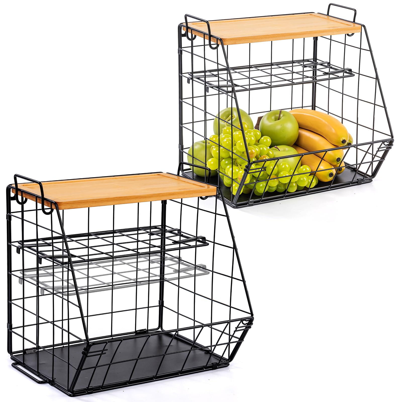 3 Tier Fruit Basket for Kitchen with Bamboo Cutting Board, Pantry Kitchen Organizers and Storage, 2 Set Stackable Wire Wall Basket, Onion Potato Vegetable Storage for Countertop Floor Cabinet Shelf