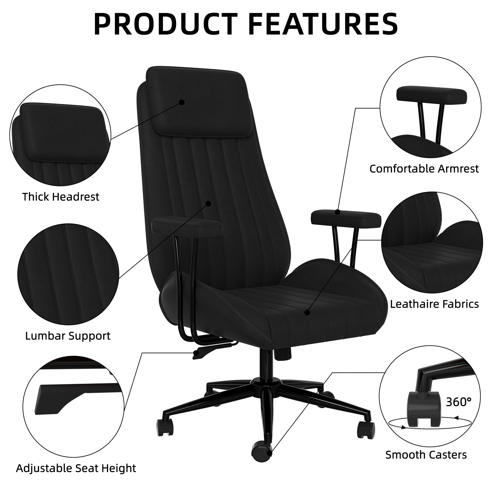 TAKSCO High Back Office Desk Chair, Comfy Ergonomic Suede Fabric Swivel Executive Office Desk Chair with Lumbar Support, Adjustable 90°-135° Recline Home Office Computer Desk Chairs with Arms, Black