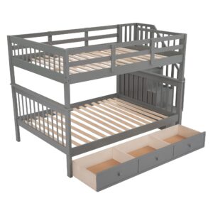 Harper & Bright Designs Full Over Full Bunk Bed with Storage, Solid Wood Full Bunk Bed Frame with Stairs and Drawers, for Kids Teens Adults (Gray)