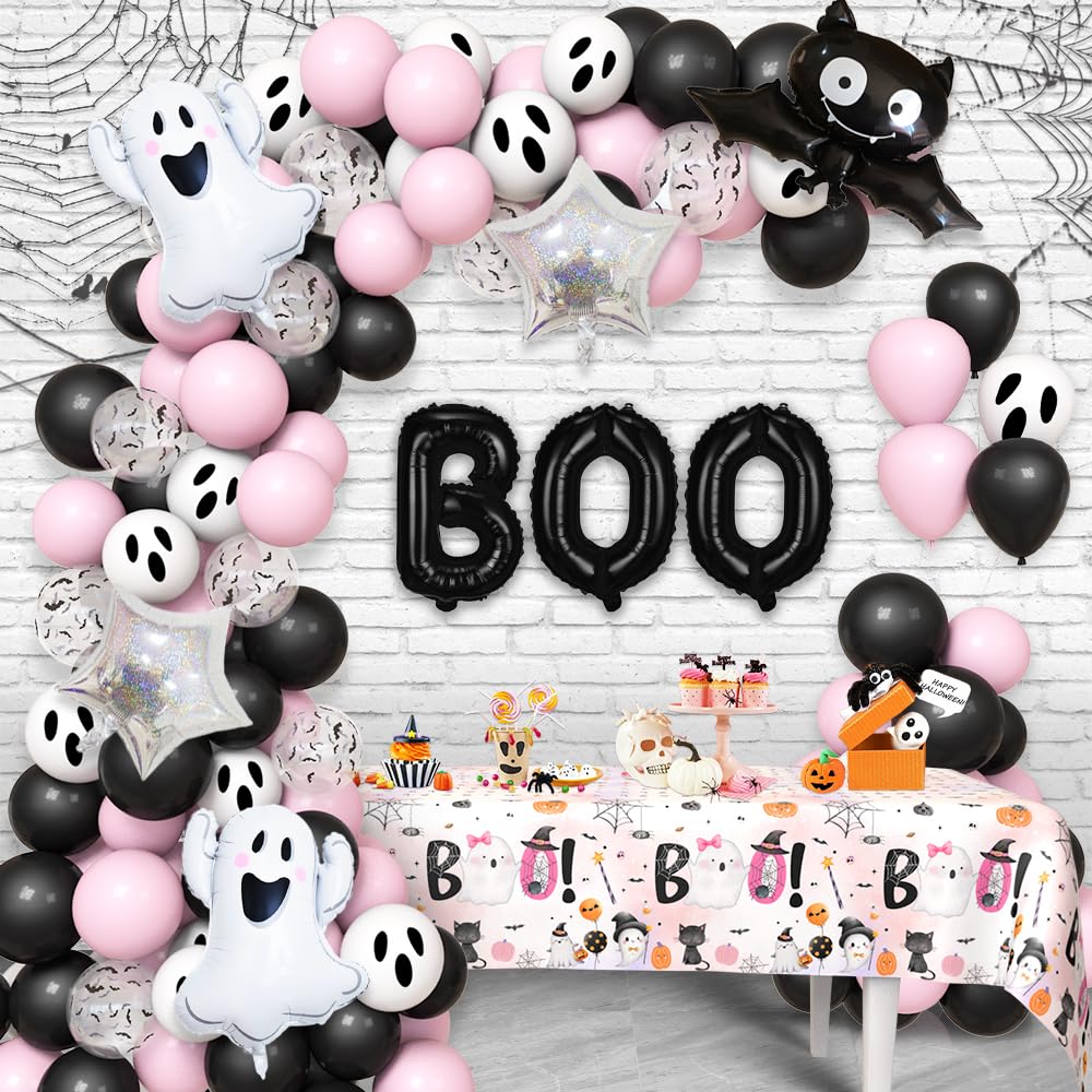 AIBIIN 112pcs Pink Black Halloween Baby Shower Decorations Halloween Little Boo Party Kit With Boo Party Tablecloth Halloween Cute Ghost Boo Balloon Garland Kit Baby Shower Birthday Party