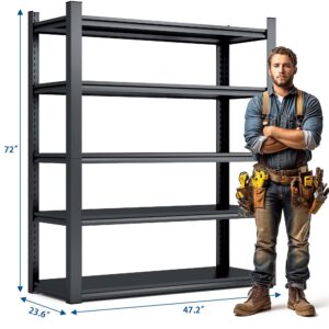 XMLYEC 72" H 5 Tier Metal Shelves for Storage Garage Shelving 2000LBS Heavy Duty Storage Shelves Adjustable Garage Shelf Industrial Shelving Unit Storage Utility Rack,47.2" W*23.6" D*72" H,Black